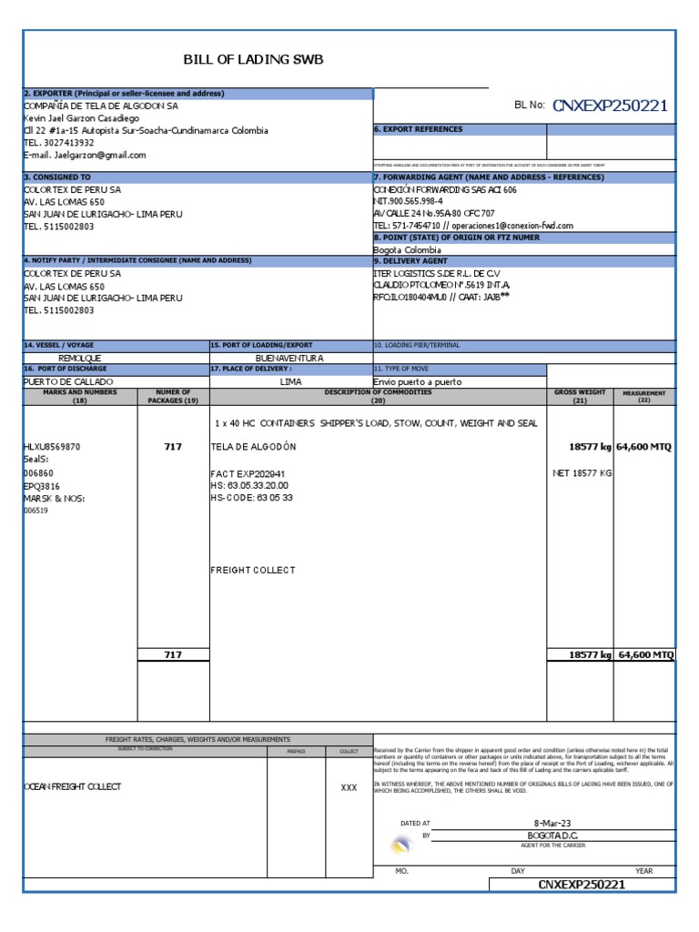 Concise Export Bill of Lading for Cotton Fabric Shipment from Colombia ...