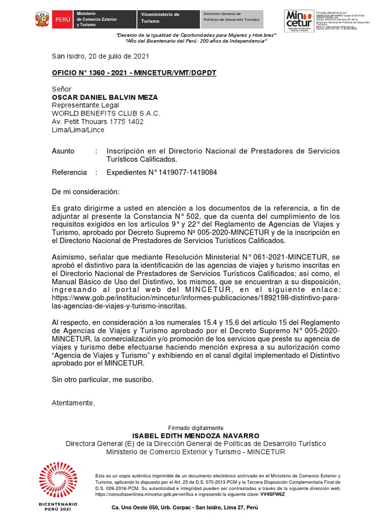 OFICIO N° 1360 - 2021 - MINCETUR-VMT-DGPDT | PDF