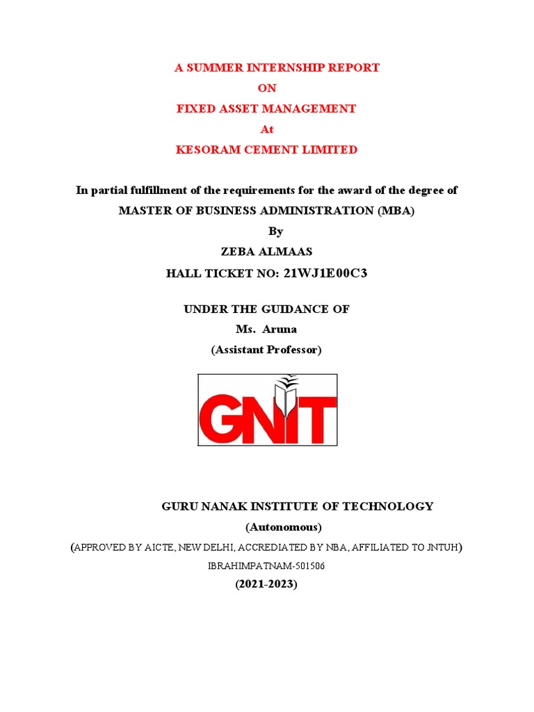 A Summer Internship Report ON Fixed Asset Management at Kesoram Cement ...