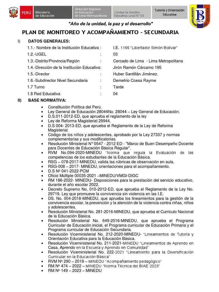 Plan de Monitoreo y Acompañamiento Pedagogico Secundaria LSB-23 Ccesa007 | PDF | Evaluación ...