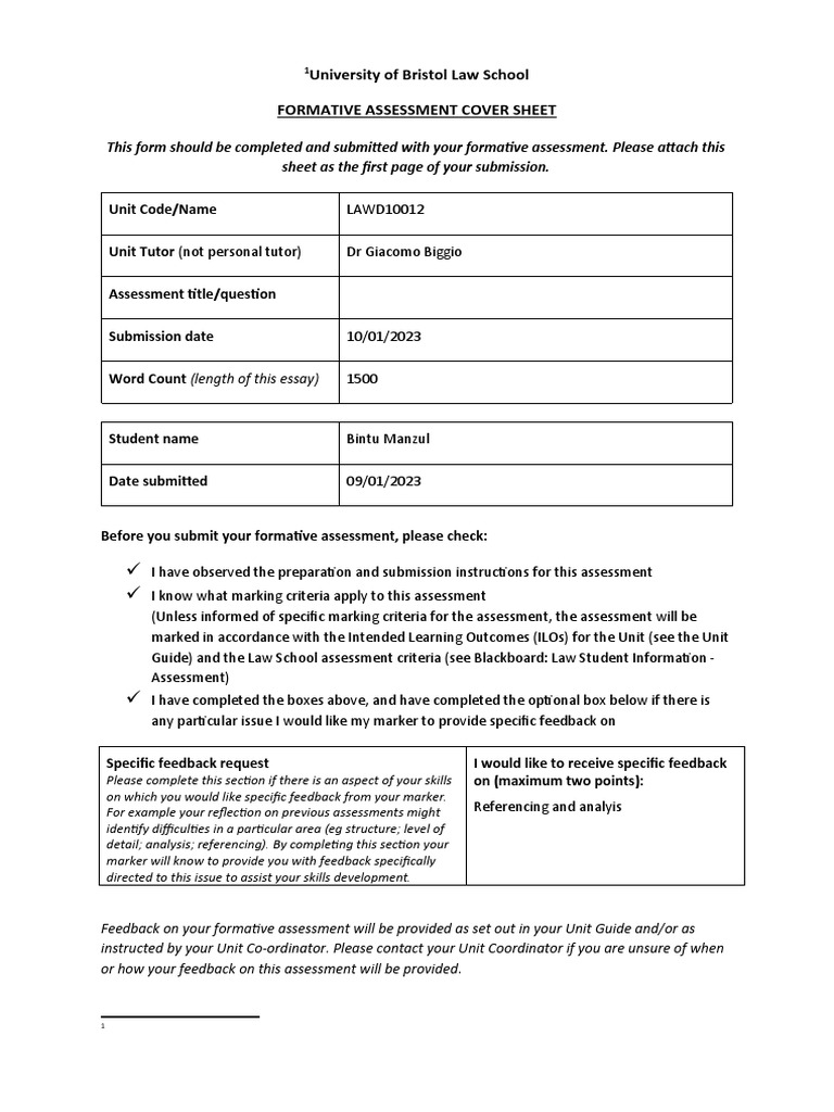 University of Bristol Law School Formative Assessment Cover Sheet | PDF ...