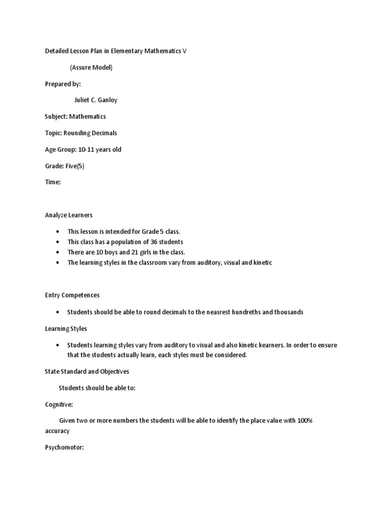 Assure Model Lesson Plan | PDF | Mercury (Planet) | Learning Styles