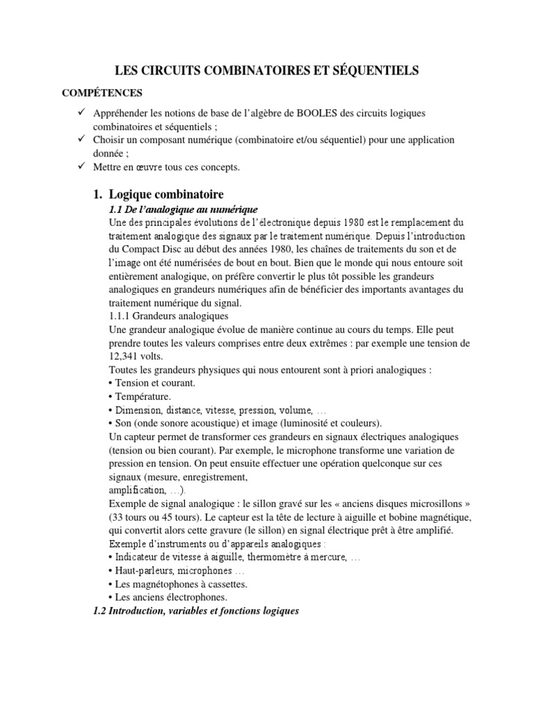 Les Circuits Combinatoires Et Séquentiels | PDF | Algèbre de Boole (logique) | Enseignement des ...