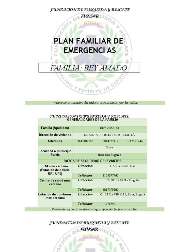 Plan Familiar de Emergenci As: Familia: Rey Amado | PDF