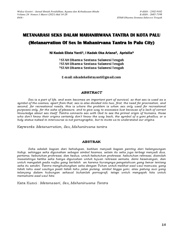 Metanarasi Seks Dalam Mahanirwana Tantra Di Kota Palu (Metanarration of Sex in Mahanirvana ...