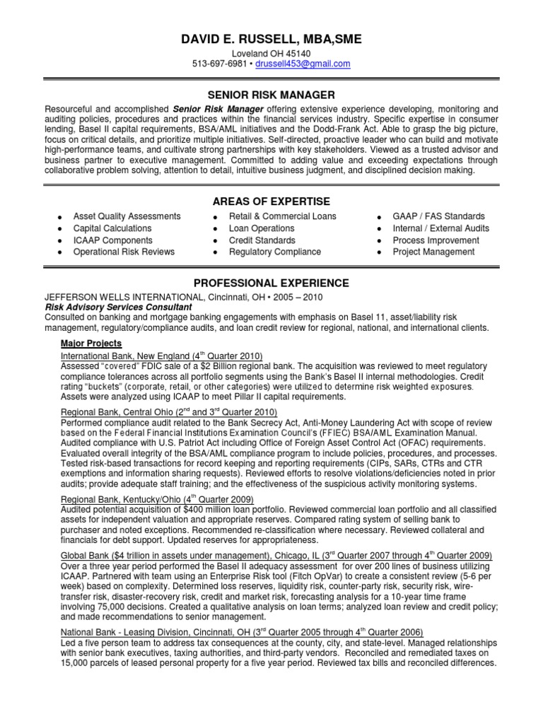 Senior Risk Manager in Cincinnati OH Resume David Russell | Money ...