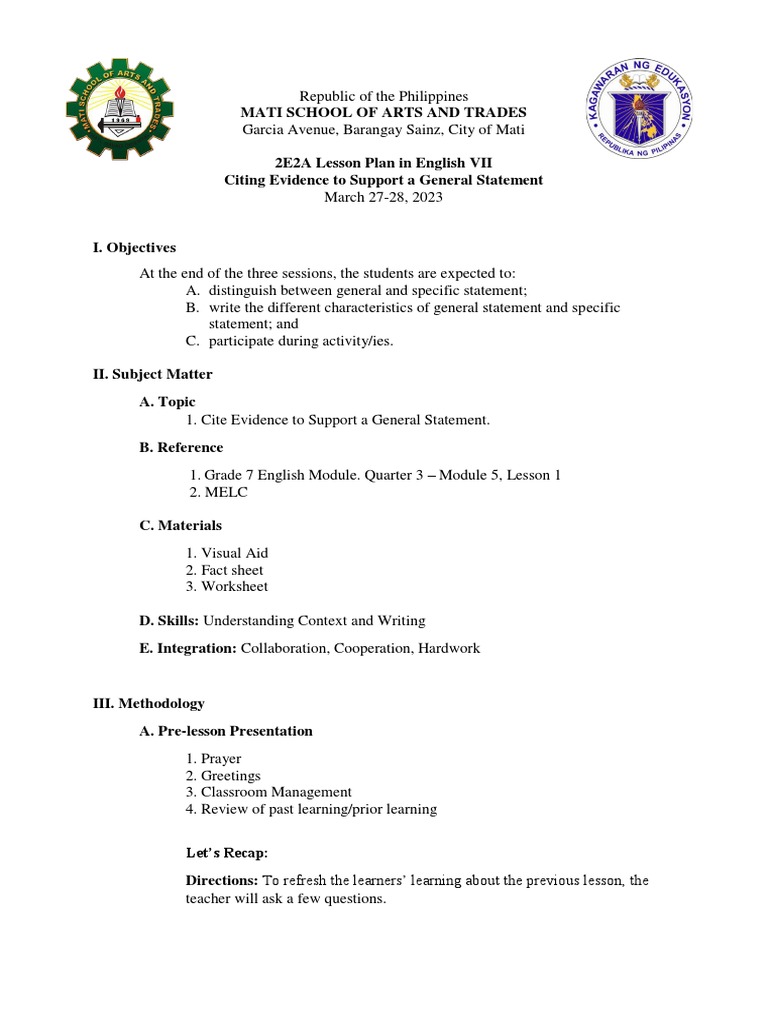 Distinguishing General and Specific Statements | PDF | Lesson Plan ...