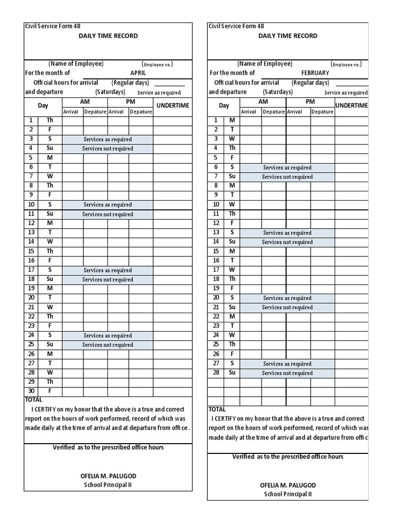 Daily Time Record Daily Time Record: Service As Required Service As ...