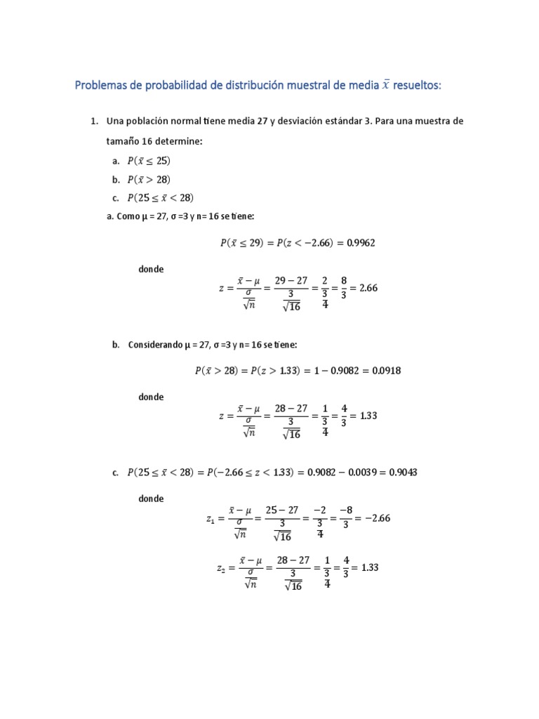 Problemas de Probabilidad de Distribución Muestral de Media Resueltos | PDF | Desviación ...