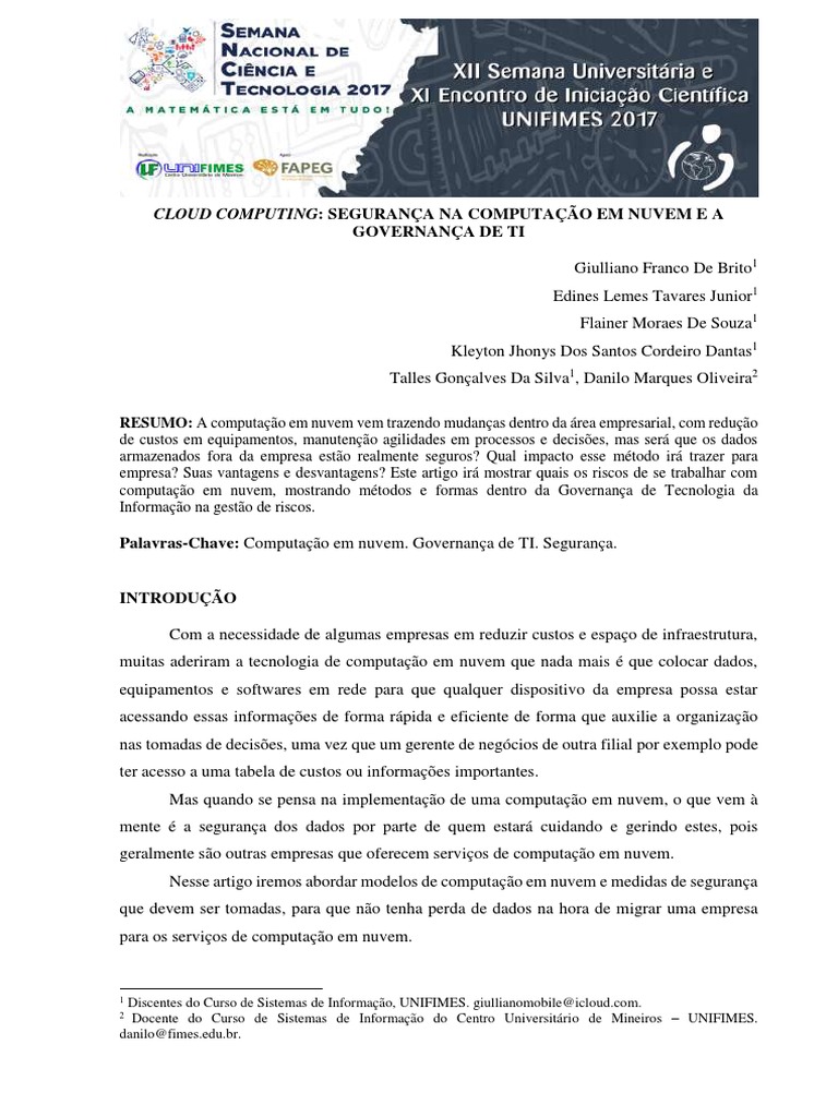 Cloud Computing Seguranca Na Computacao Em Nuvem E A Governanca De Ti