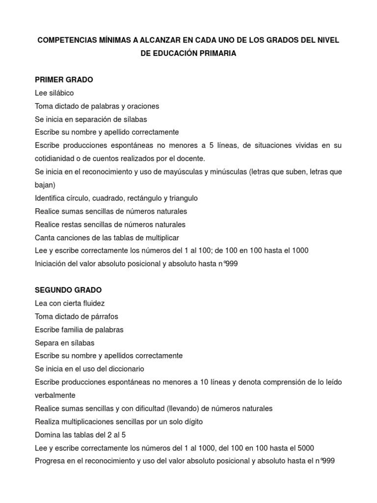 Competencias Mínimas A Alcanzar en Cada Uno de Los Grados Del Nivel de ...