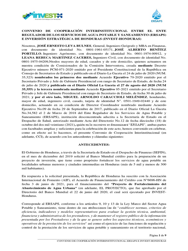 Convenio ERSAPS e INVEST-Honduras | PDF | Banco Internacional de ...