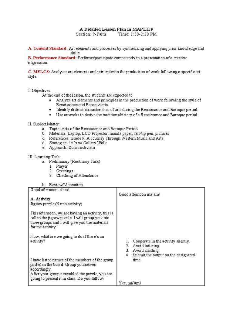 A Detailed Lesson Plan in MAPEH 9 | PDF | Baroque | Renaissance