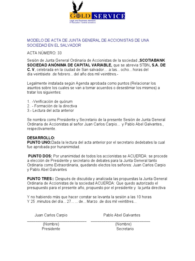 Modelo de Acta de Junta General de Accionistas de Una Sociedad en El Salvador | PDF | Derecho