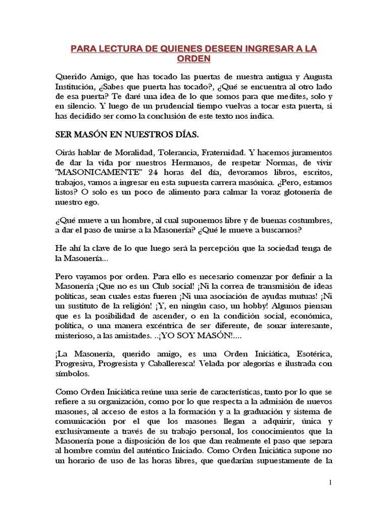 Para Lectura de Quienes Deseen Ingresar A La Orden | PDF | Masonería | Mal