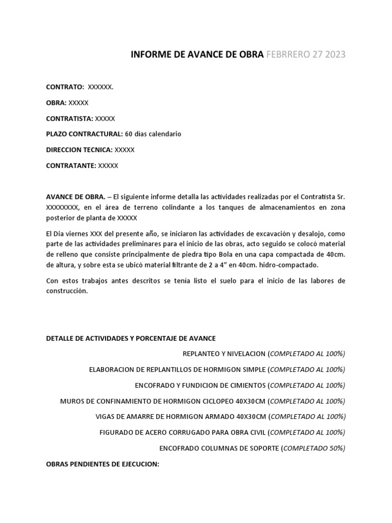Informe de Avance de Obra - Febrero 2023 | PDF