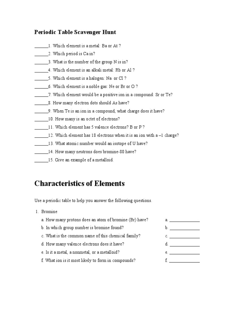 Periodic Table Scavenger Hunt | PDF | Chemical Elements | Chemical ...