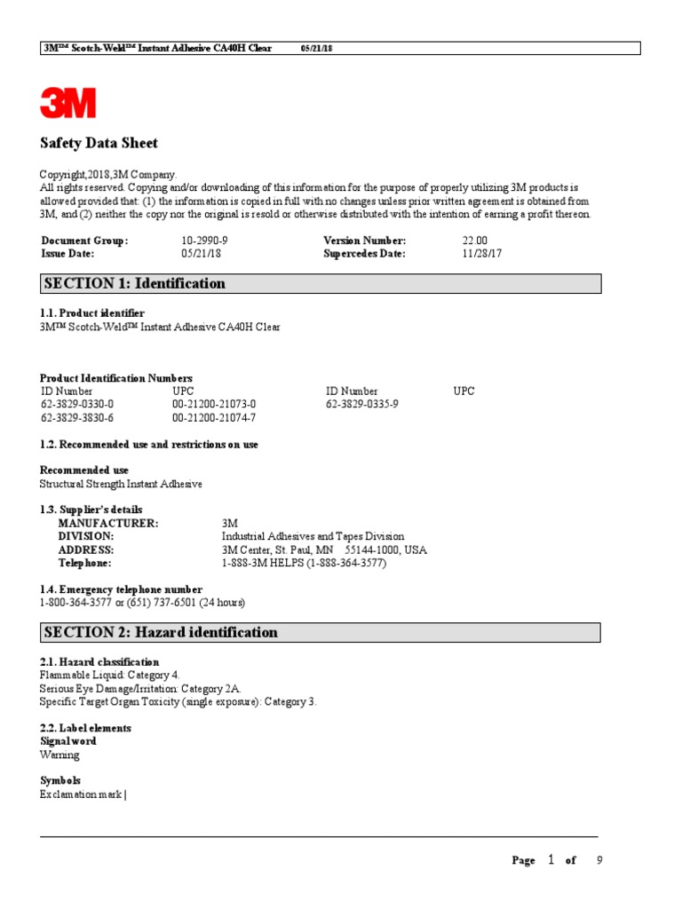 3M™ Scotch-Weld™ Instant Adhesive CA40H Clear | PDF | Toxicity ...