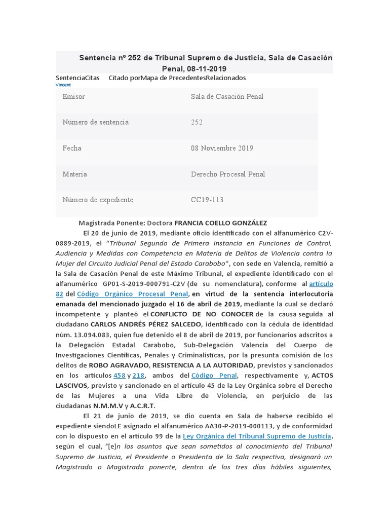 Sentencia Nº 252 de Tribunal Supremo de Justicia | PDF | La violencia contra las mujeres ...