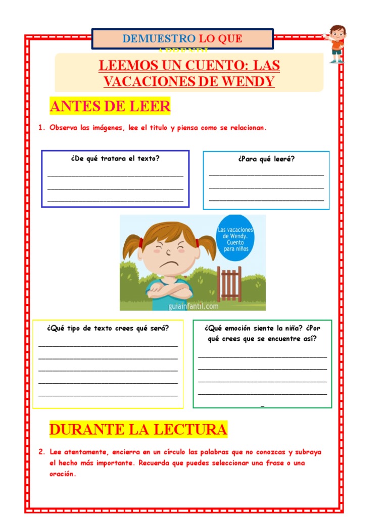 Hojas De Trabajo De Comprensión Lectora Para Las Vacaciones Ficha: