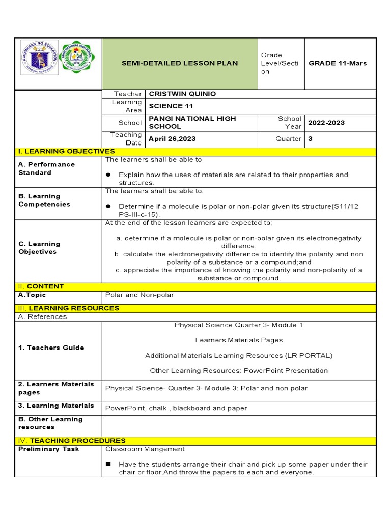 7s Lesson Plan | PDF | Chemical Polarity | Covalent Bond