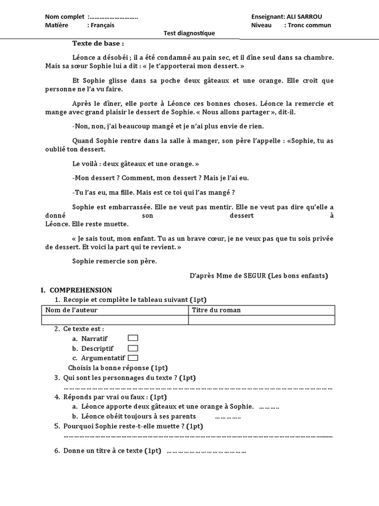 Test diagnostique de français | PDF