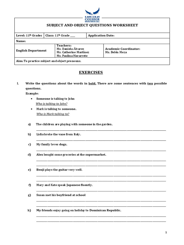 Subject and Object Questions Worksheet | PDF | Linguistics | Cognitive ...