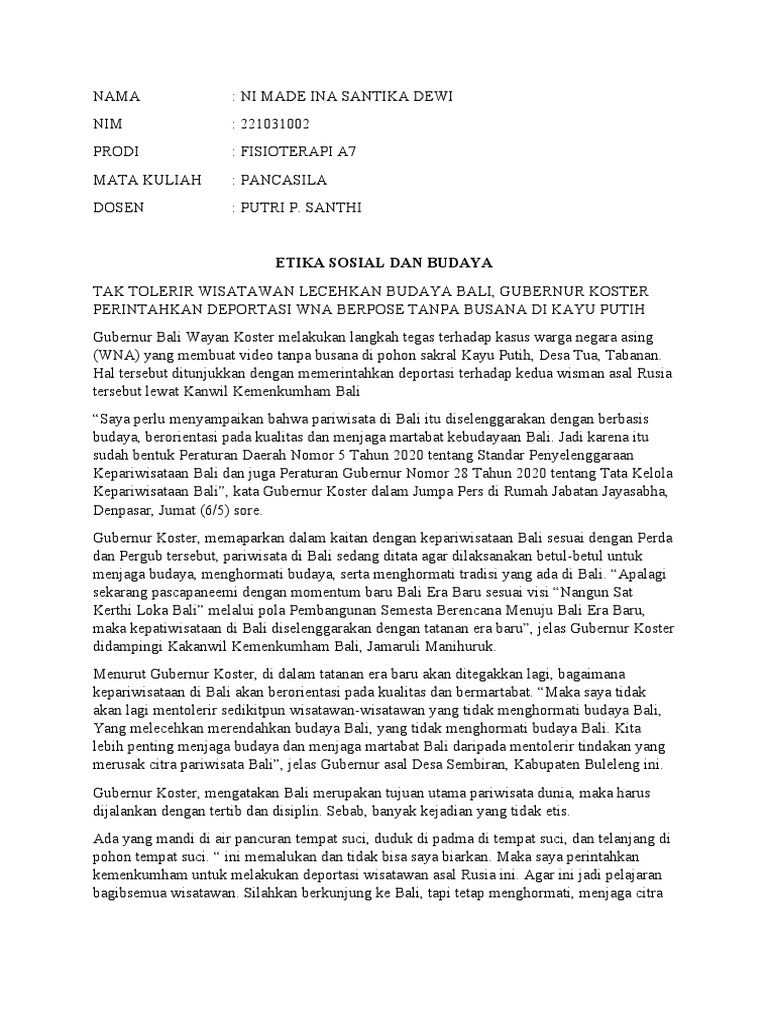 Ni Made Ina Santika Dewi - Fisioterapi A7 (Tugas Pancasila) | PDF