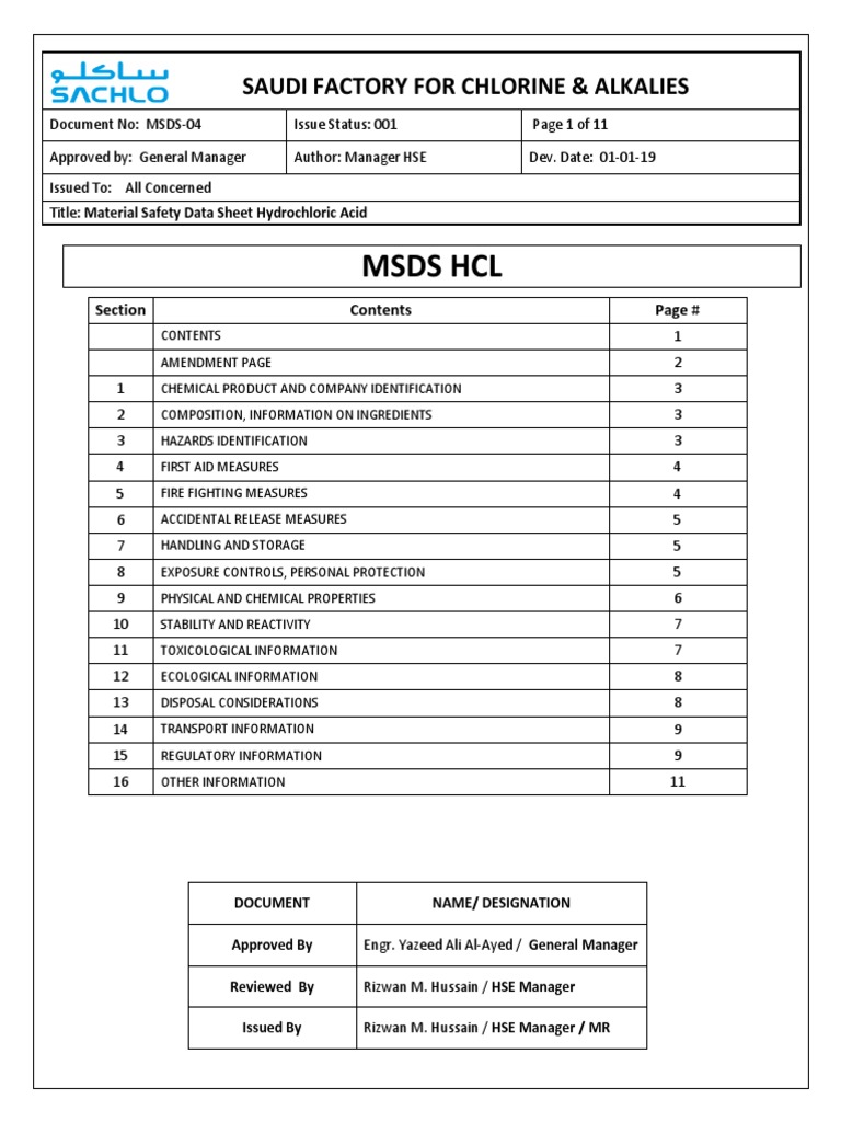 MSDS HCL | PDF | Hydrochloric Acid | Chlorine