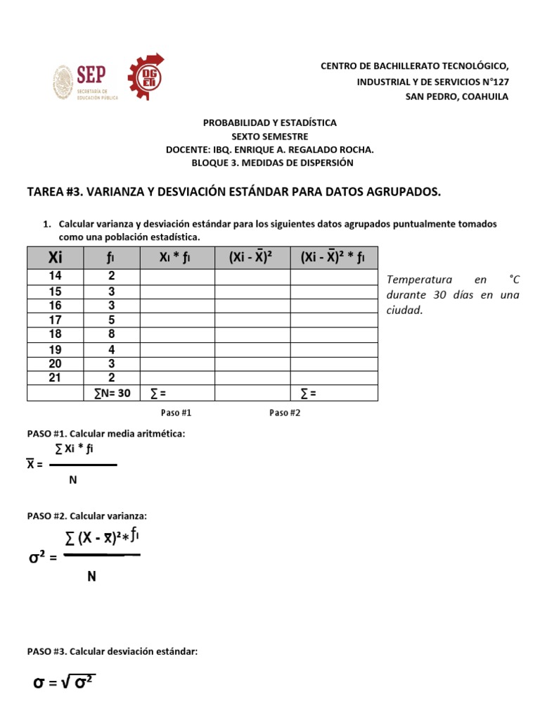 Tarea 03 - Varianza y Desviacion Estandar Datos Agrupados | PDF | Desviación Estándar | Diferencia