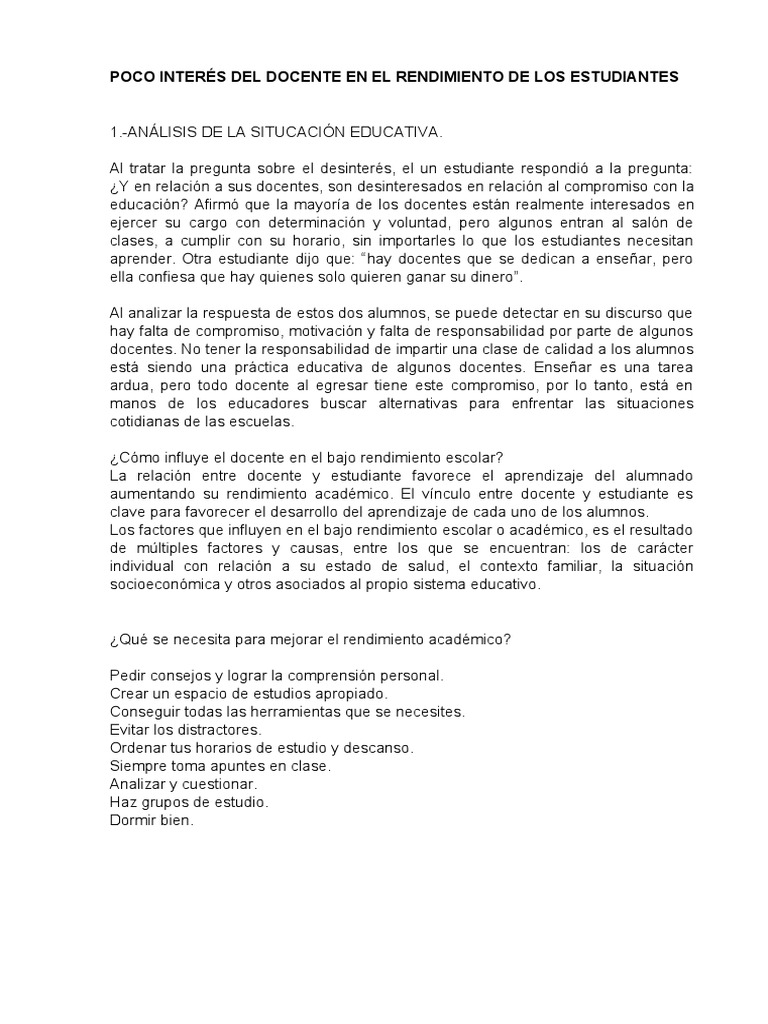 Poco Interés Del Docente en El Rendimiento de Los Estudiantes | PDF ...