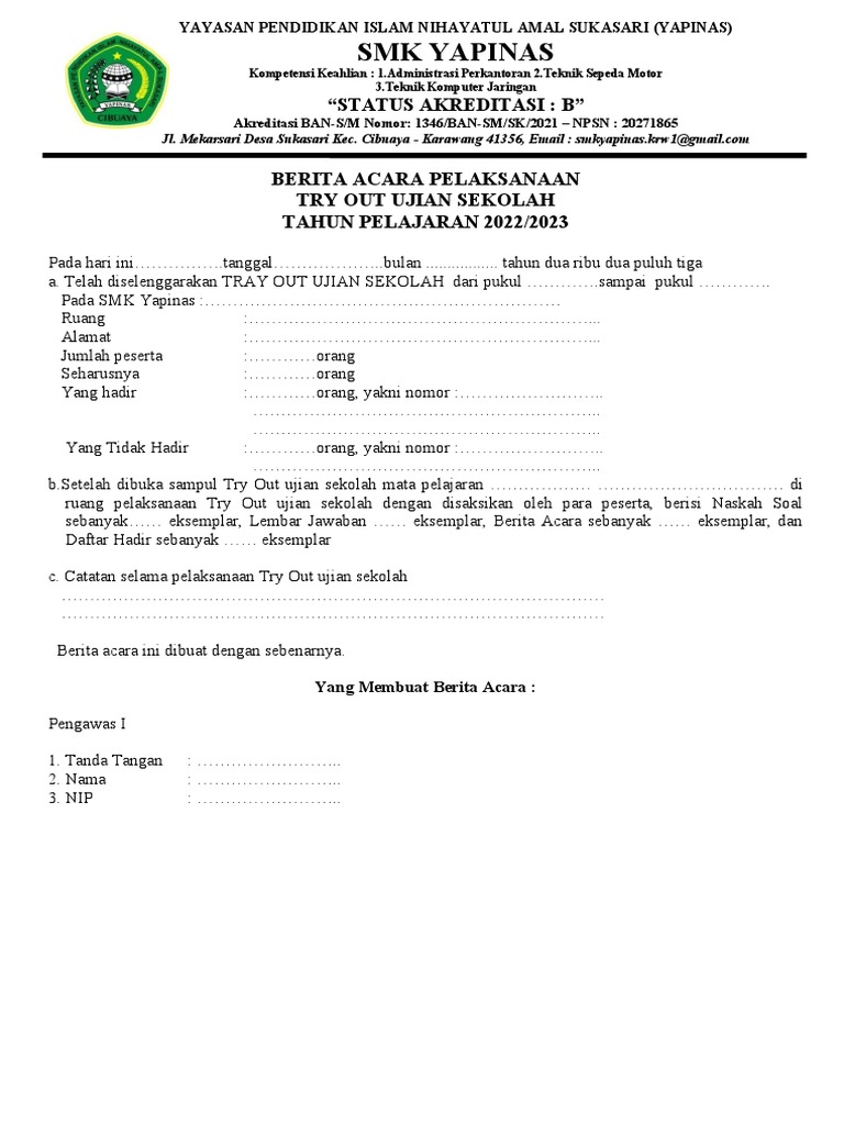 Berita Acara Try Out Ujian Sekolah SMK YAPINAS | PDF | Karier ...