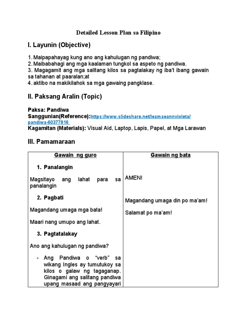 Lesson Plan Sa Filipino (Pandiwa) | PDF