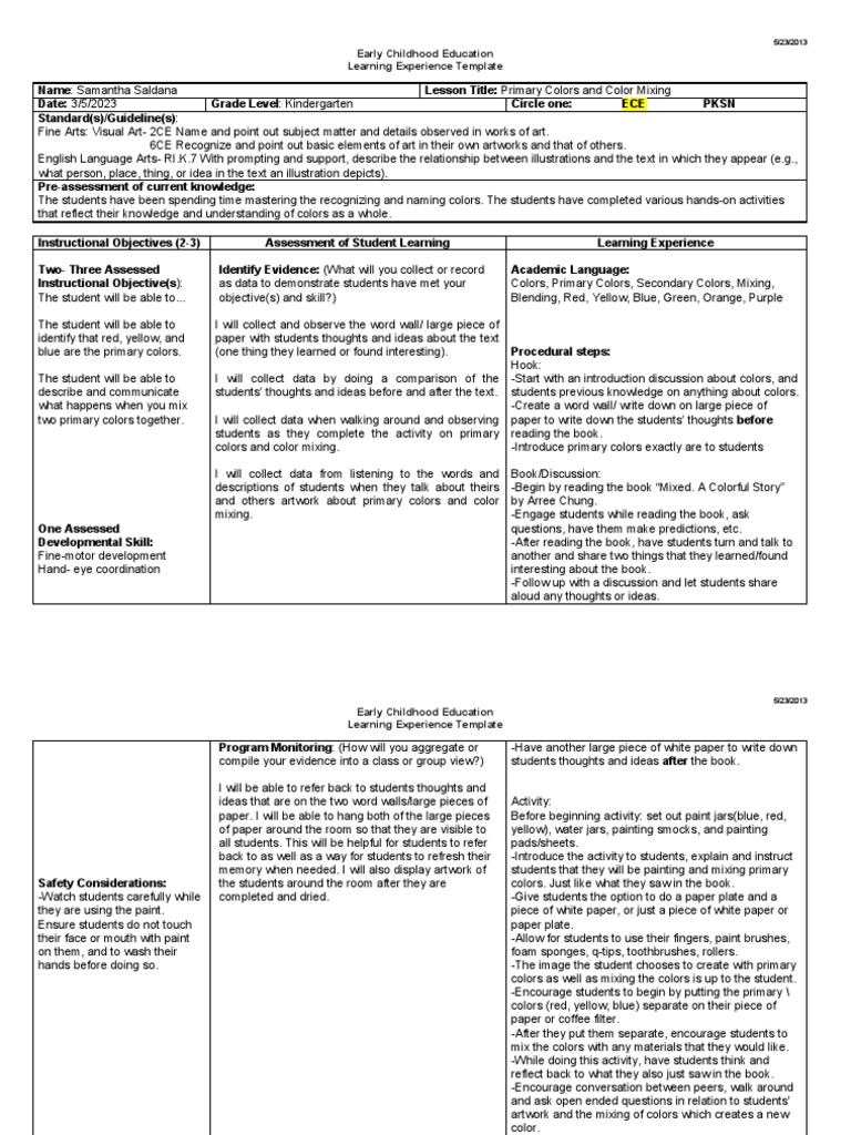 Edt 317 Visual Arts Lesson Plan | PDF | Thought | Color