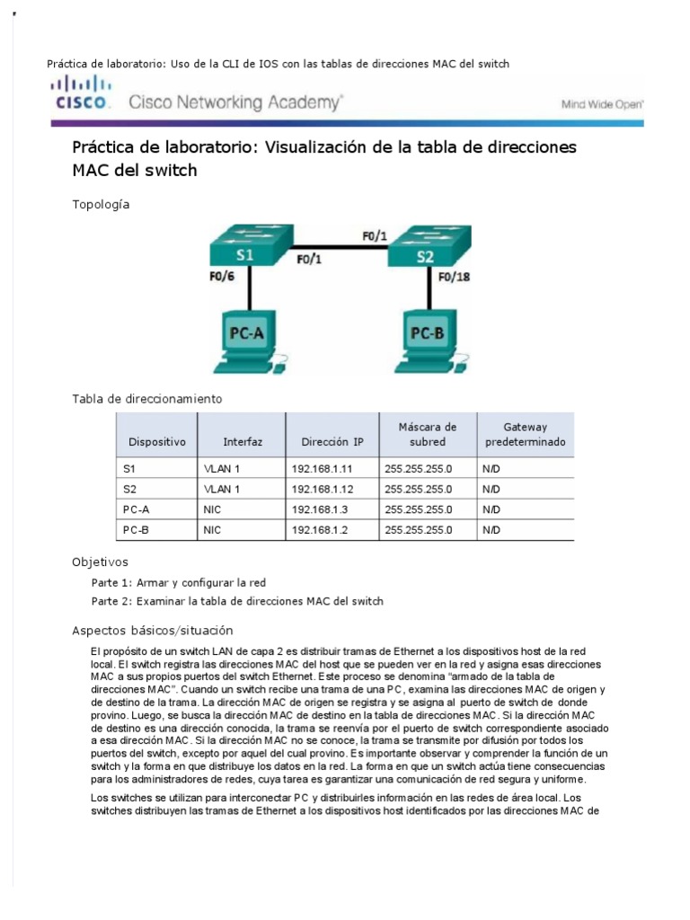 PDF Practica de Laboratorio Visualizacion de La Tabla de Direcciones Mac Del Switch | PDF