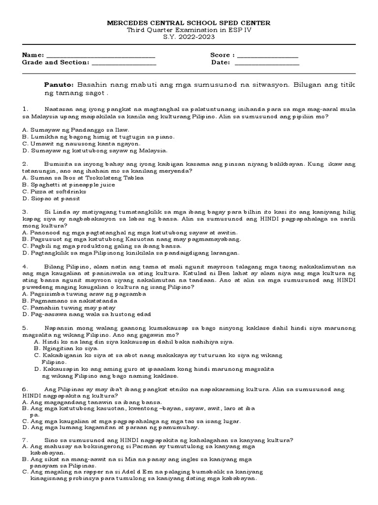 Esp 3RD Quarter Test | PDF