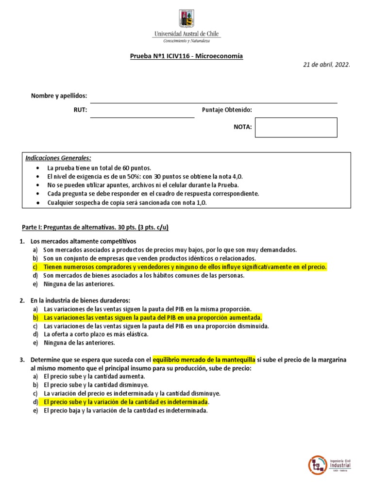 (Pauta Prueba Nº1) ICIV116 | PDF | Mercado (economía) | Precios