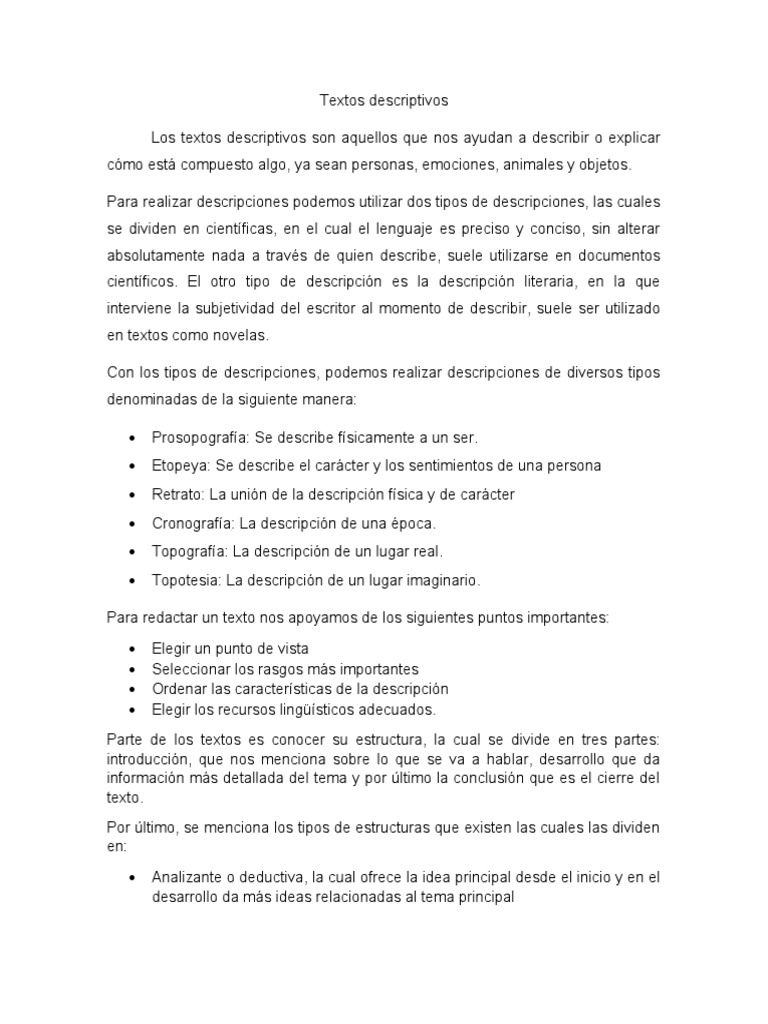 Tipos y Estructura de Textos Descriptivos | PDF