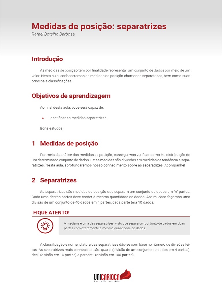 Medidas de Posição: Separatrizes | PDF | Mediana (Estatística) | Percentual