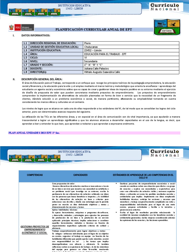 Plan Anual Ept 1° Sec 2023 | PDF | Aprendizaje | Iniciativa empresarial