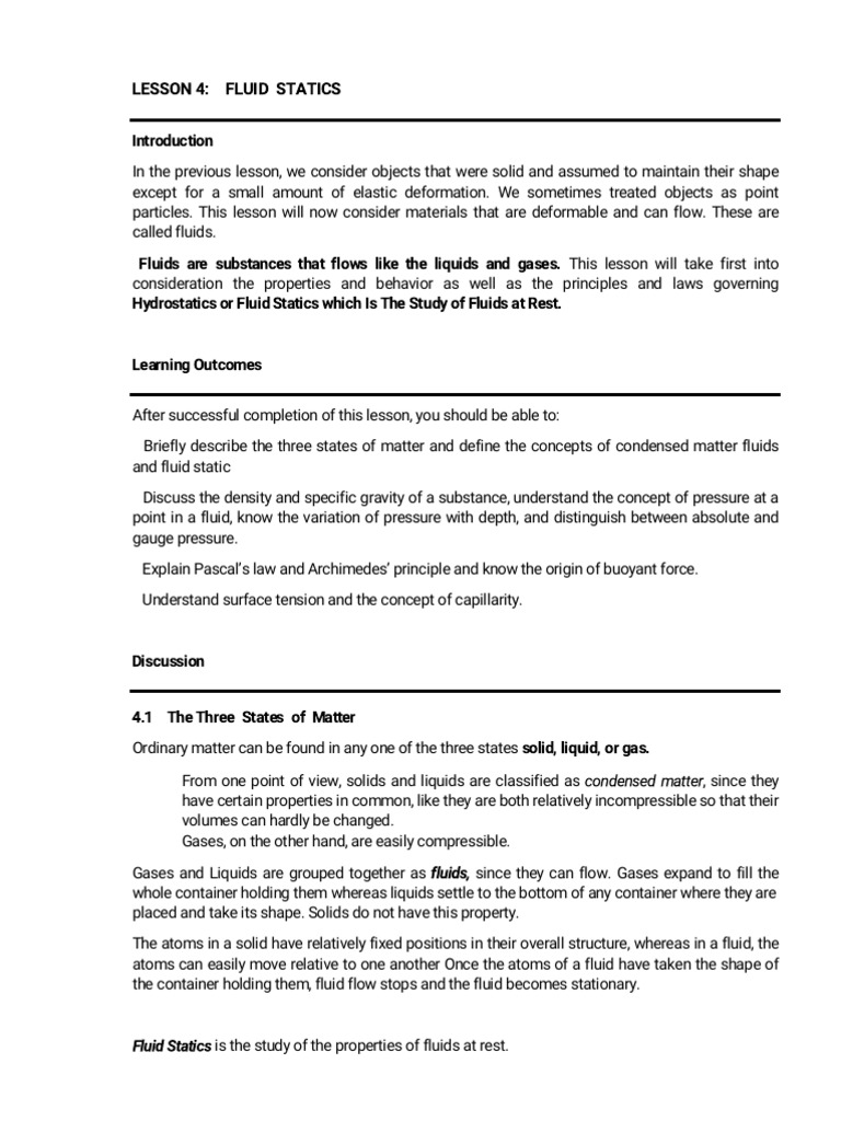 Fluid Statics | PDF | Pressure | Density