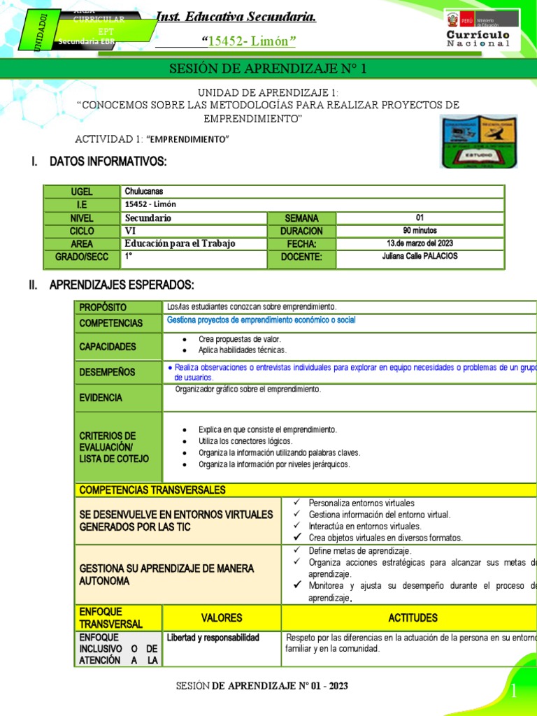 1º Etp-Ses.1 - Uni 1 - Sem 01 - 2022 | PDF | Aprendizaje | Maestros