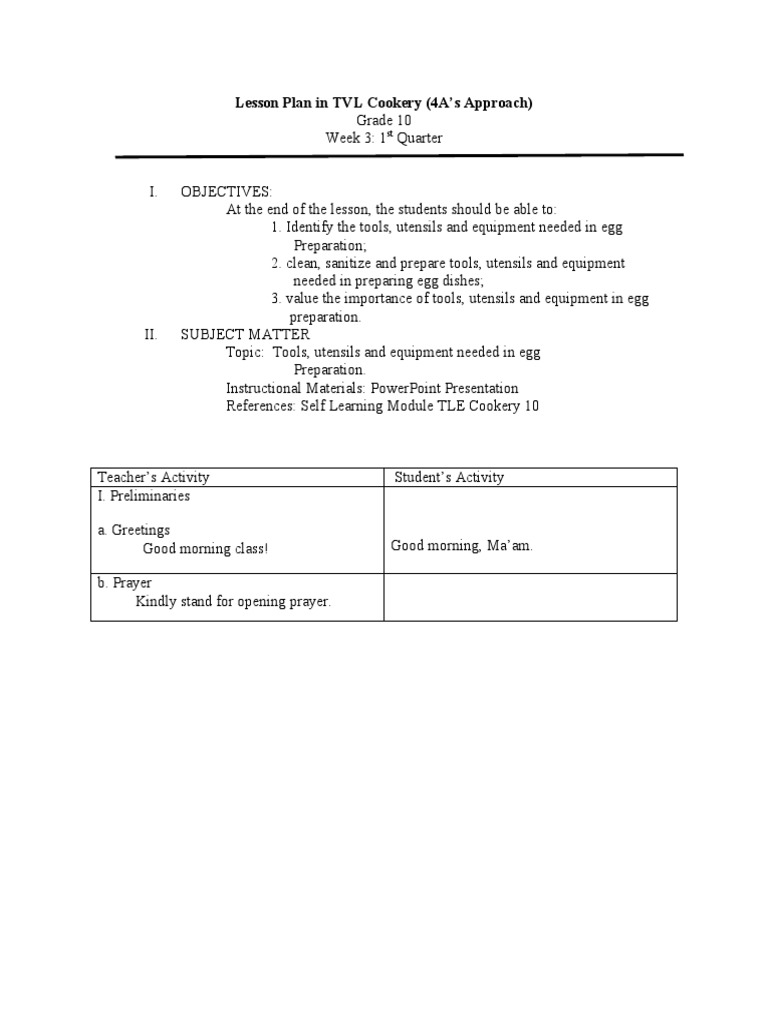 Lesson Plan in TVL Cookery | PDF | Cooking | Home