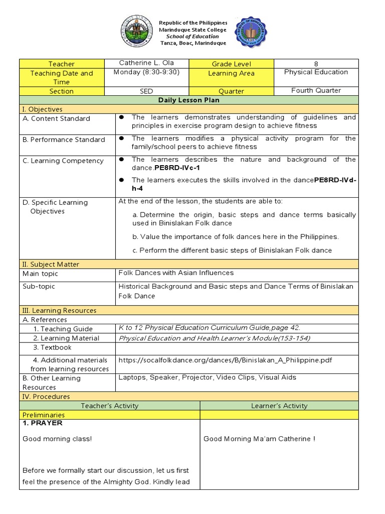 Grade 8 Lesson Plan: Binislakan Dance | PDF | Dances | Physical Education