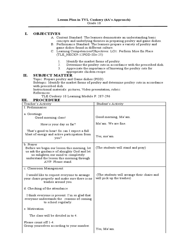 Lesson Plan in TVL Cookery Poultry | PDF | Poultry | Domesticated Birds