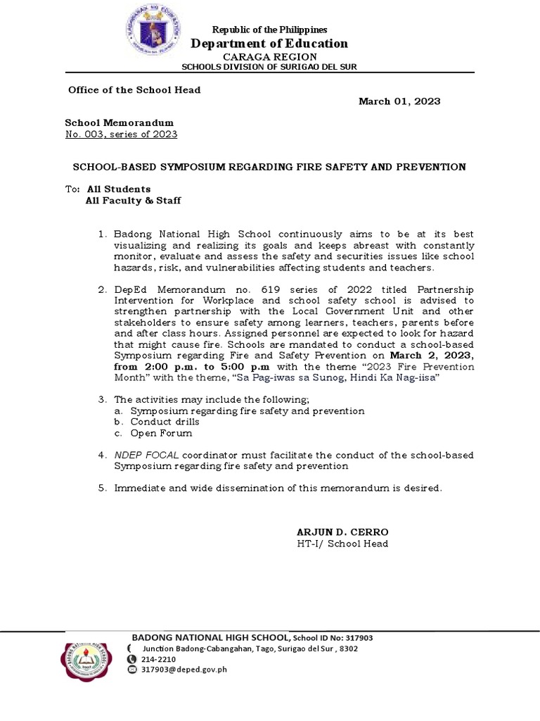 School-Memo-For-School-Bfp Safety and Fire Prevention | PDF