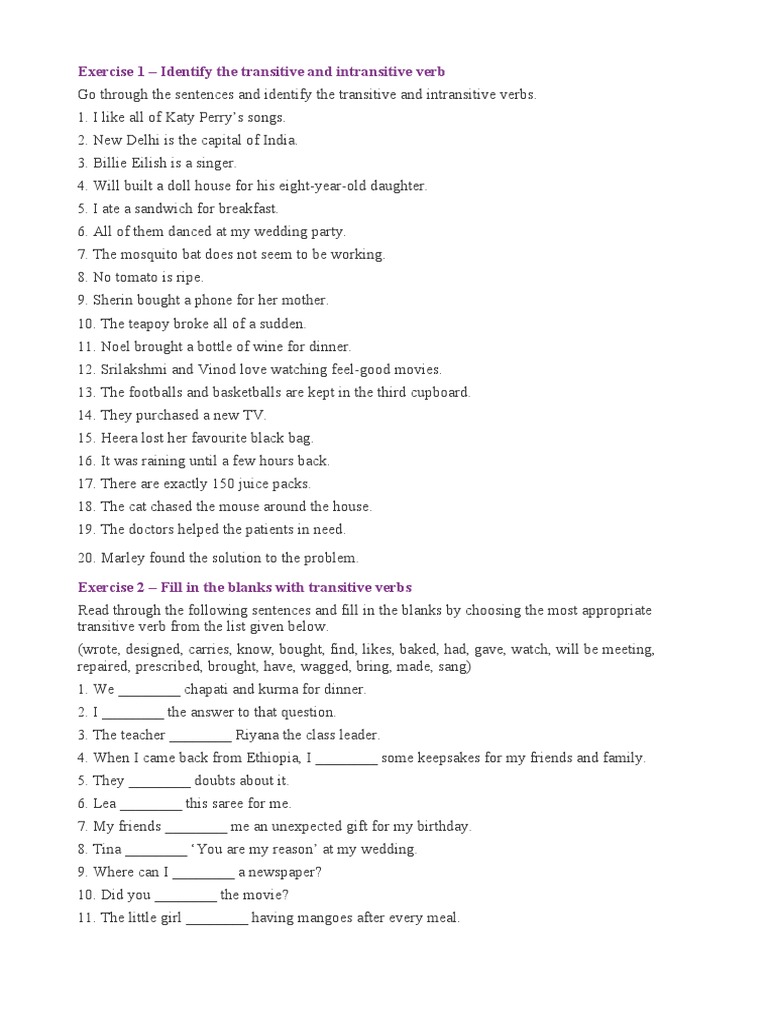 Exercise 1 - Identify The Transitive and Intransit | PDF | Syntactic ...