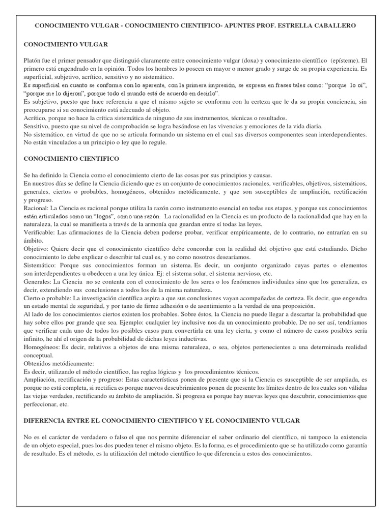 Conocimiento Vulgar Conocimiento Cientifico | PDF | Conocimiento | Certeza