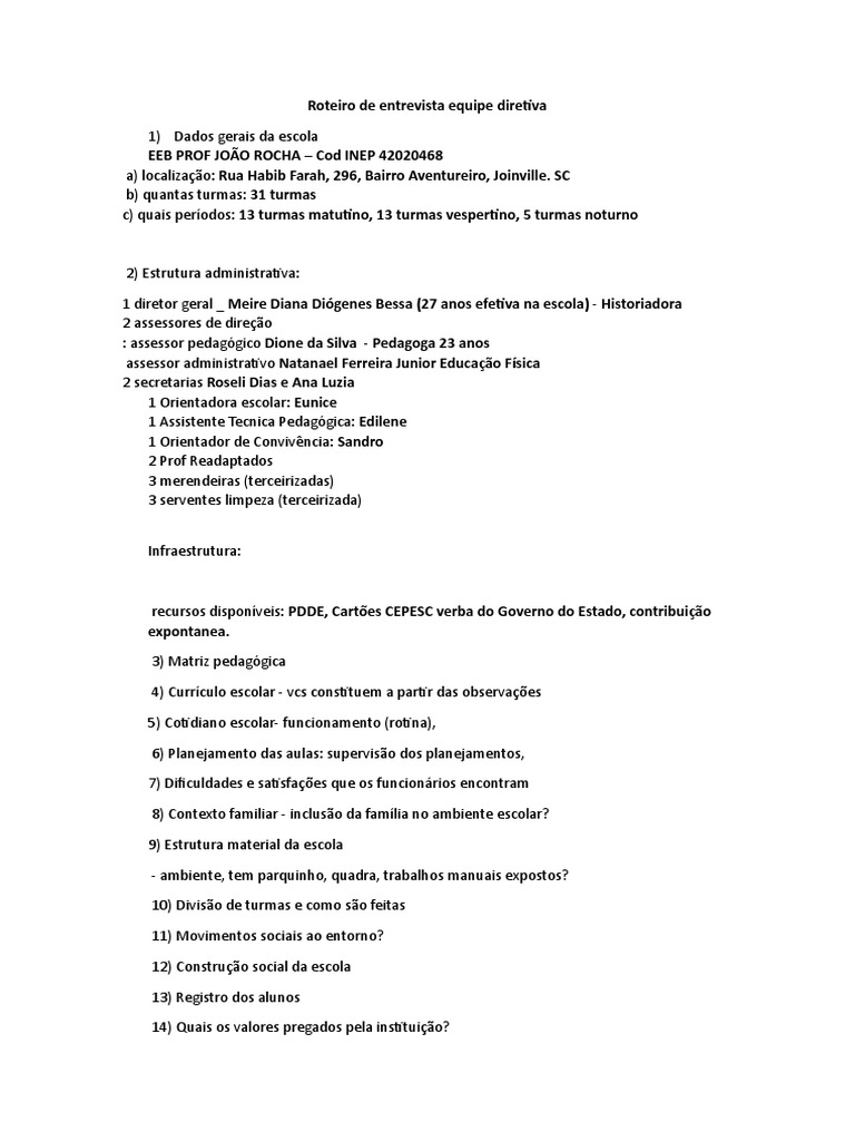 Roteiro de Entrevista Equipe Diretiva | PDF