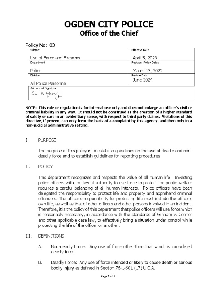 Ogden Police Department policy on use of force and firearms | PDF ...